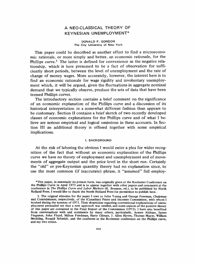 (Gordon) Neo-Classical Theory, Keynesian Unemployment | PDF | Phillips ...