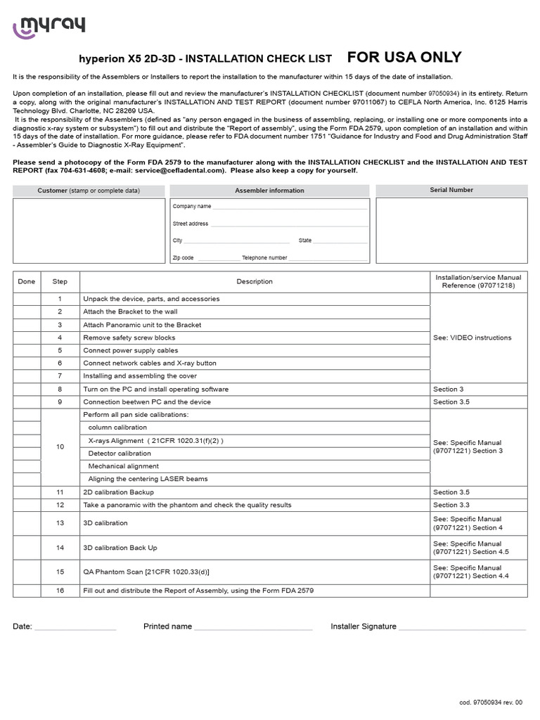 Hyperion x5 2d_3d - Installation Check List | PDF | Food And Drug Administration | Computing