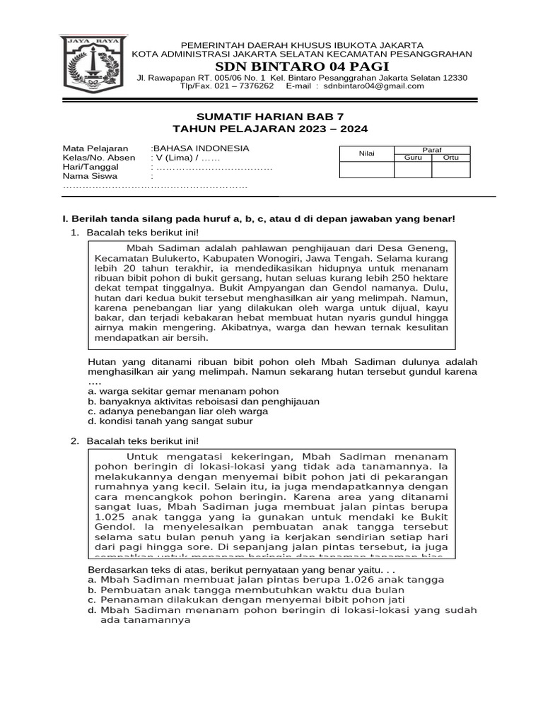 Sumatif Harian Bahasa Indonesia Bab 7 - 8 | PDF