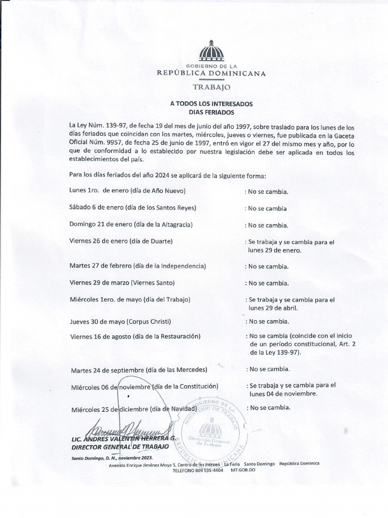 Calendario Dias Feriados Año 2024 | PDF