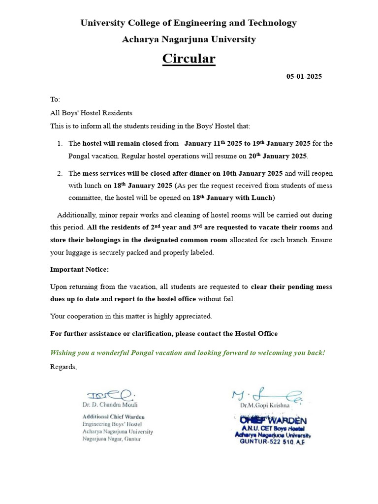 Circular Anu-Boys Hostel-Pongal Vacation | PDF