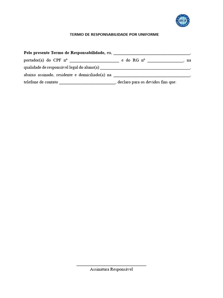 Termo De Responsabilidade Por Uniforme Pdf