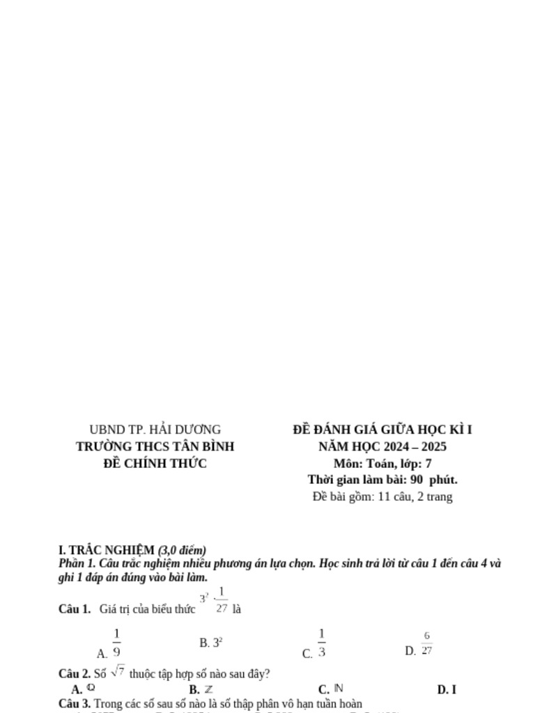 De Giua Hoc Ki 1 Toan 7 Nam 2024 2025 Truong Thcs Tan Binh Hai Duong | PDF