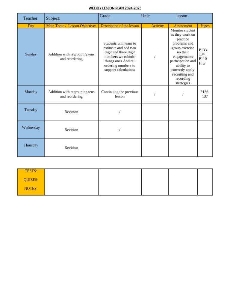 Math WEEKLY LESSON PLAN 2024 2025 | PDF | Lesson Plan | Learning