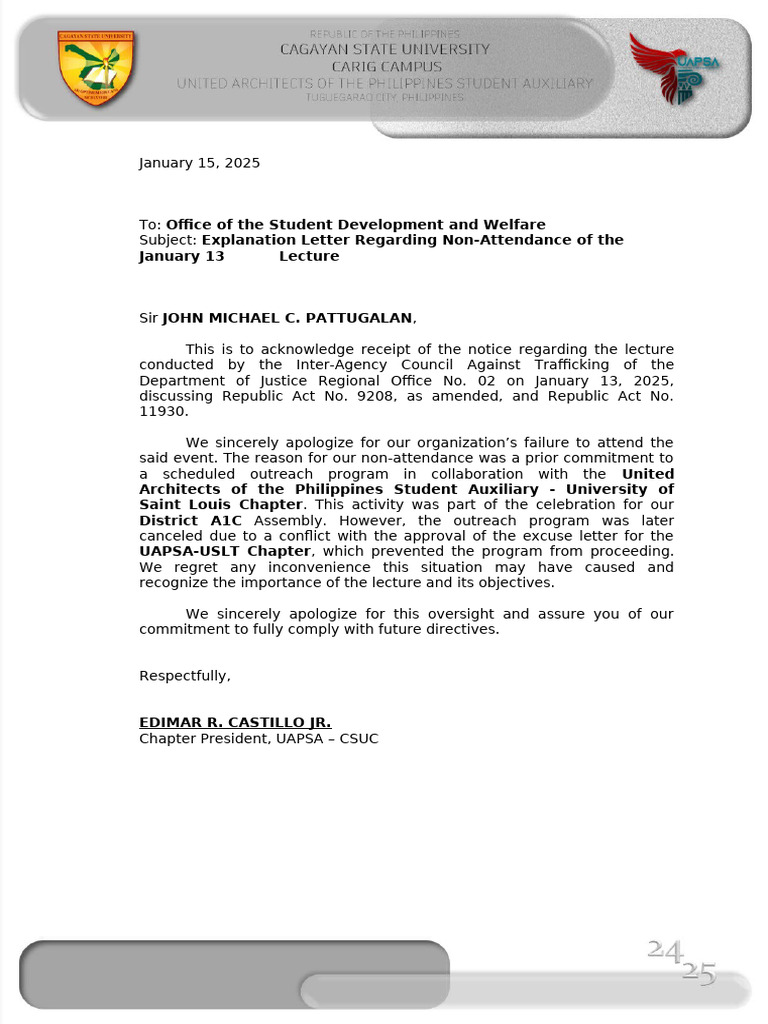 Apology for Non-Attendance at Lecture | PDF