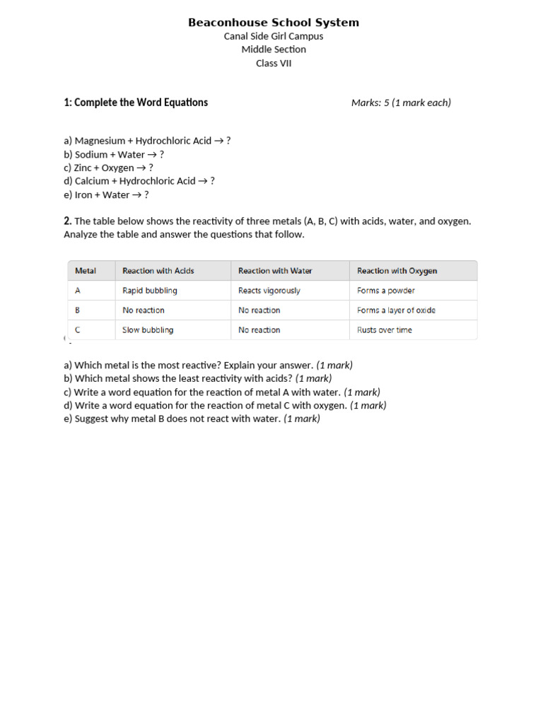 Class VII Chemistry: Metal Reactivity Quiz | PDF
