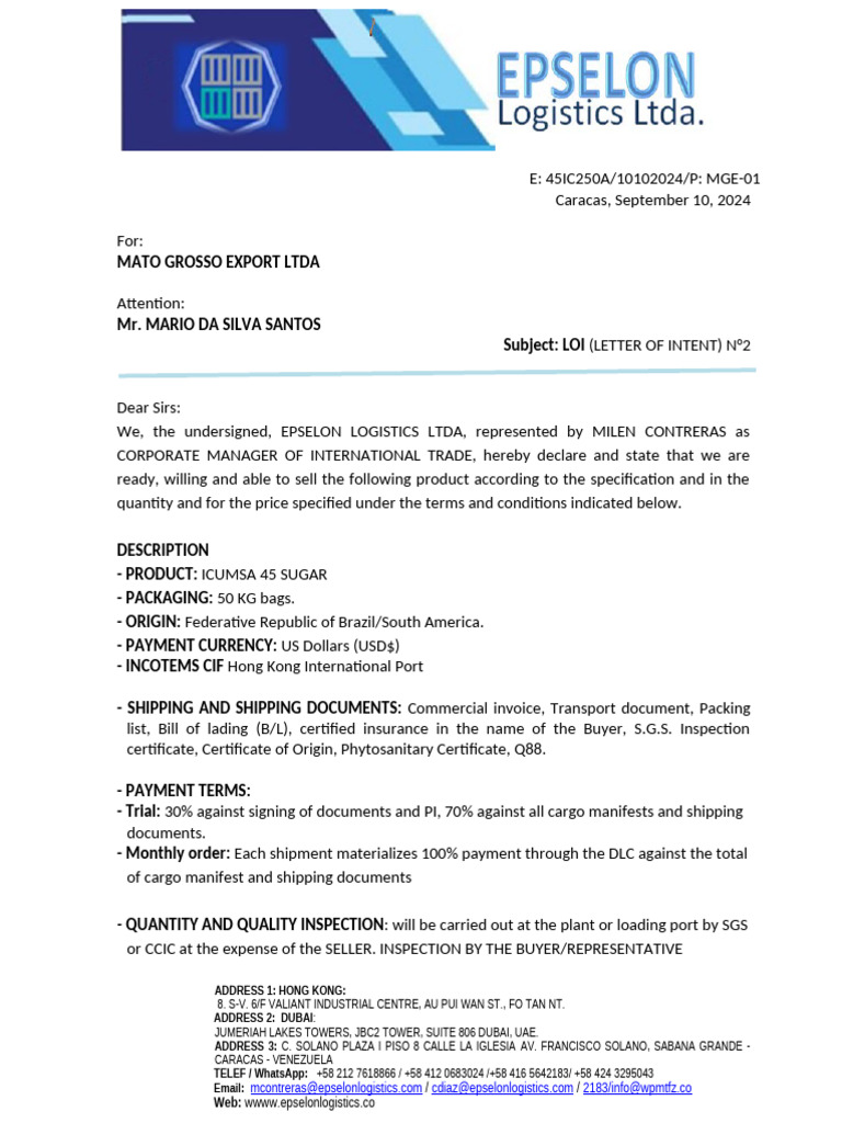 ICUMSA 45 Sugar Sale LOI Details | PDF
