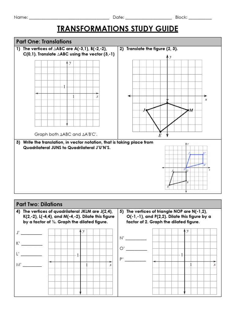 Transformations Study Guide: Translations, Dilations, Reflections | PDF