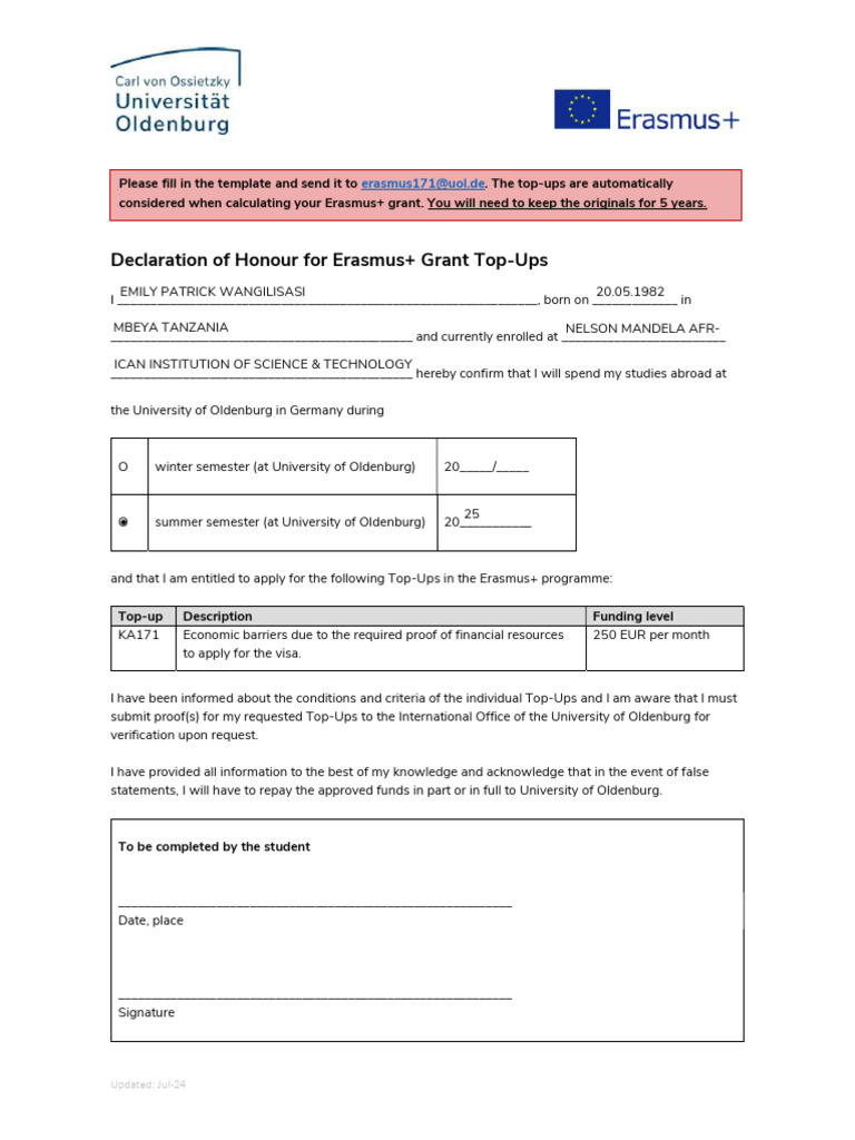 Erasmus+ Grant Top-Up Declaration | PDF