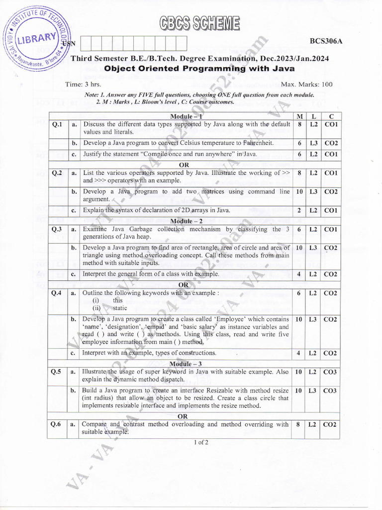 Object Oriented Programming With Java BCS306A Dec-2023 Jan-2024 | PDF