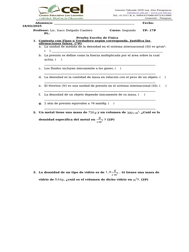 Prueba Complementaria Segundo | PDF | Masa | Densidad
