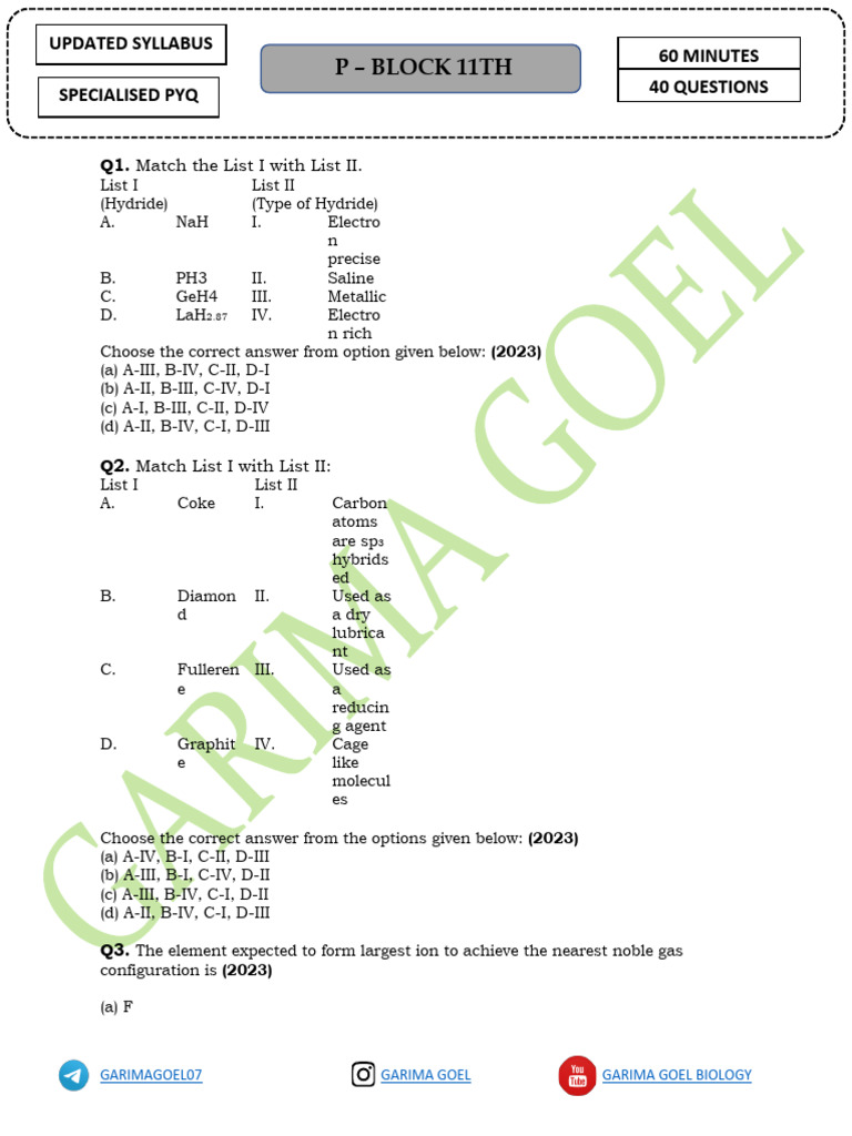 P - BLOCK 11TH - 20 Years Specialized Pyq by Garima Goel | PDF | Chemical Compounds | Ion
