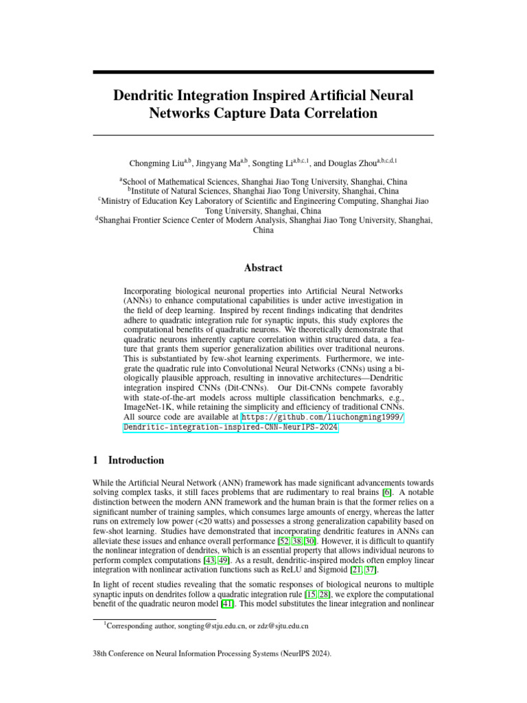 NeurIPS 2024 Dendritic Integration Inspired Artificial Neural Networks Capture Data Correlation ...
