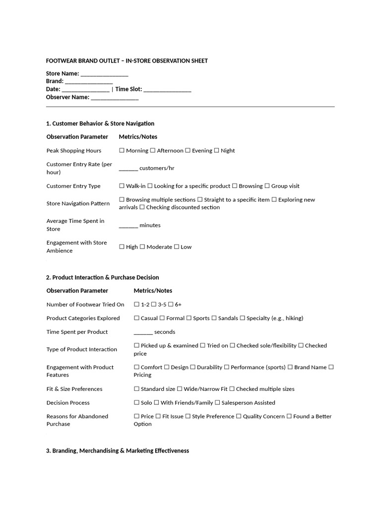Footwear Brand Outlet Observation Sheet | PDF | Sneakers | Consumer ...
