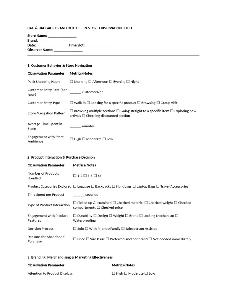 Observation Sheet - Bag & Baggage Edited | PDF | Baggage | Marketing