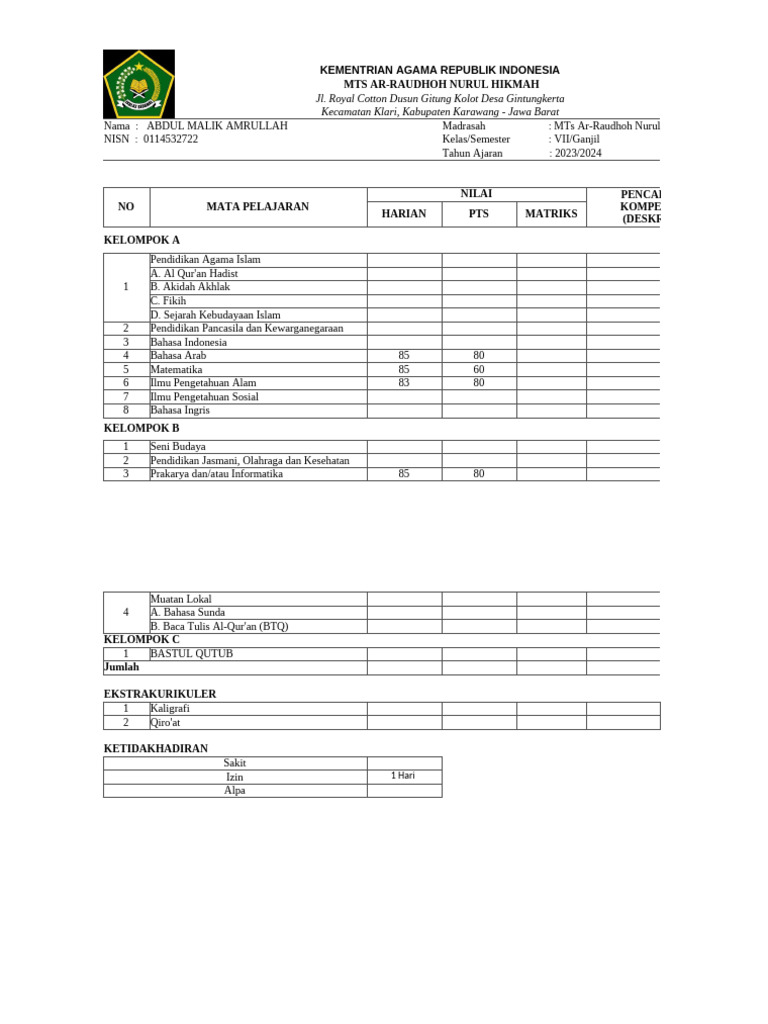 Format Nilai Pts Malik | PDF