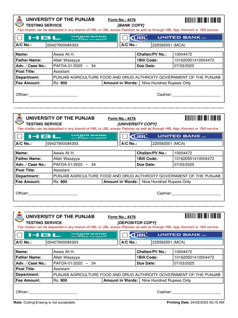 Punjab University Fee Challan Form | PDF | Economy Of Asia | Pakistan