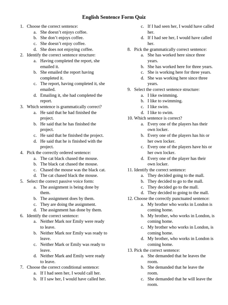 English Sentence Form Quiz 3 | PDF