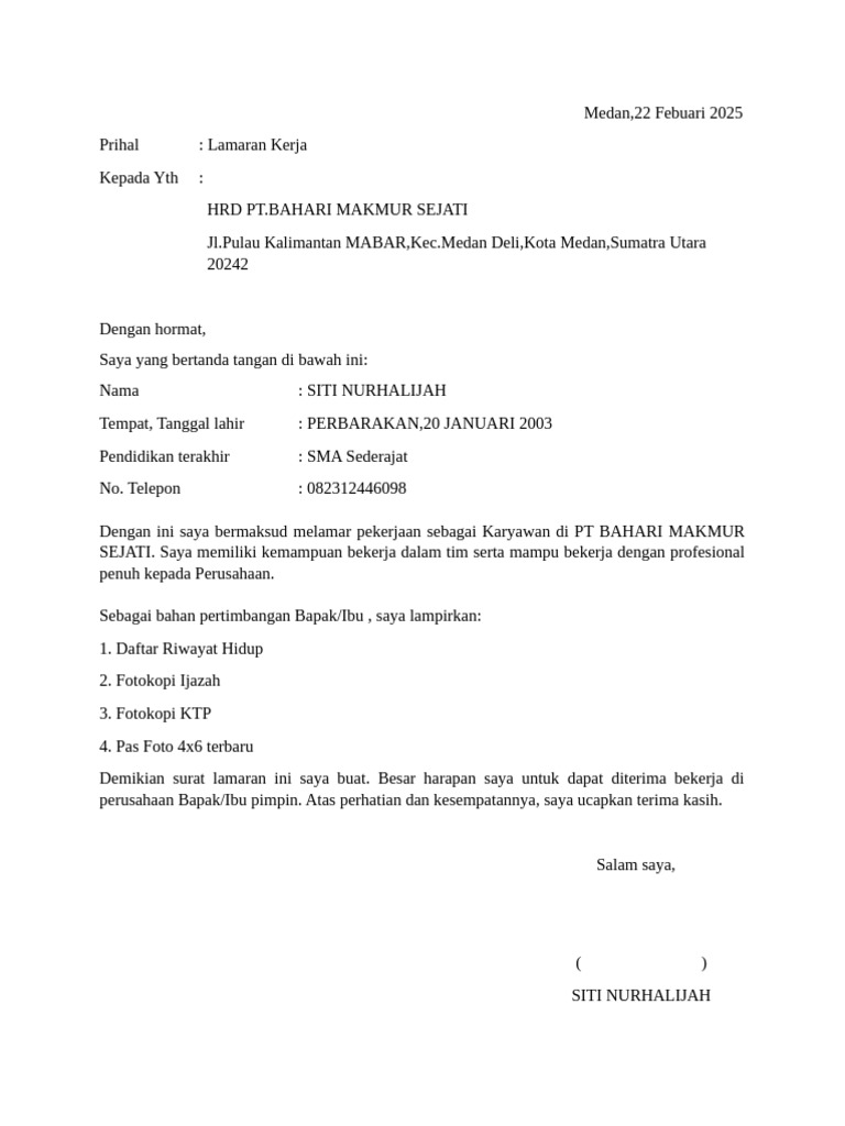 Lamaran Kerja Siti Nurhalijah di PT Bahari | PDF