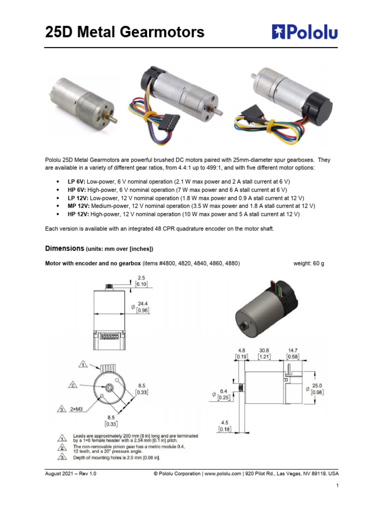 Pololu 25D Metal Gearmotor Overview | PDF | Electric Motor | Electrical ...