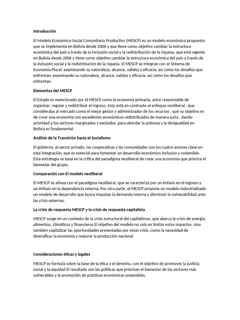 Modelo Económico Social en Bolivia: MESCP | PDF | Sustentabilidad ...