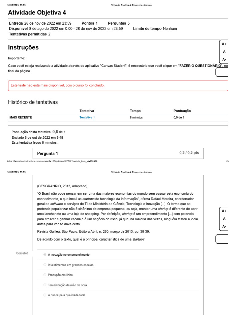 Atividade Objetiva 4 - Empreendedorismo | PDF | Empresa Startup | Microempresas e Empreendedores