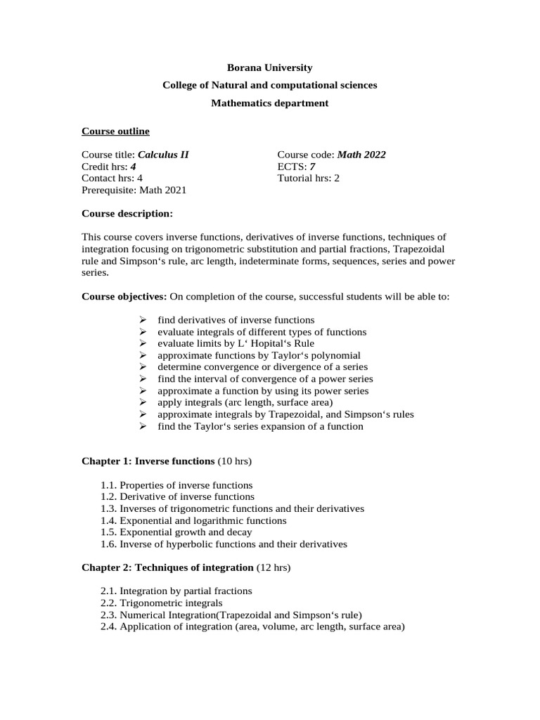 Course Outline On Calculus II | PDF | Integral | Power Series
