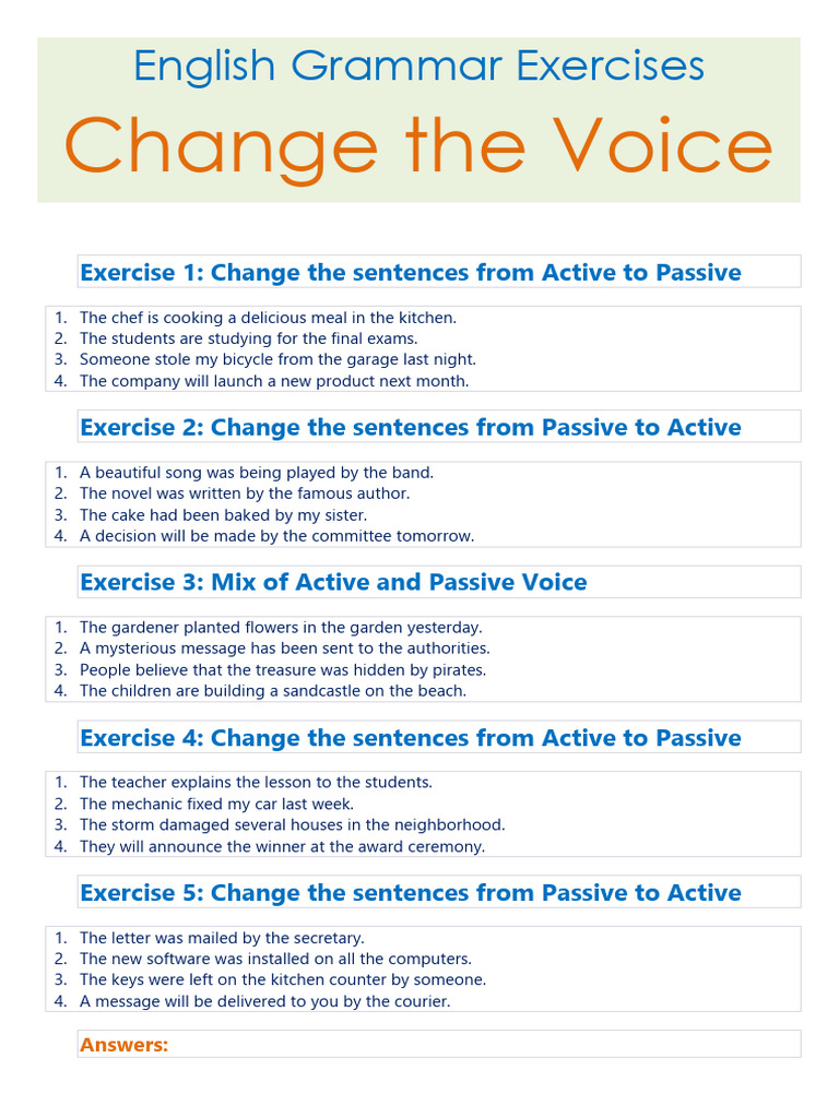 Grammar Exercises - CHANGE THE VOICE | PDF
