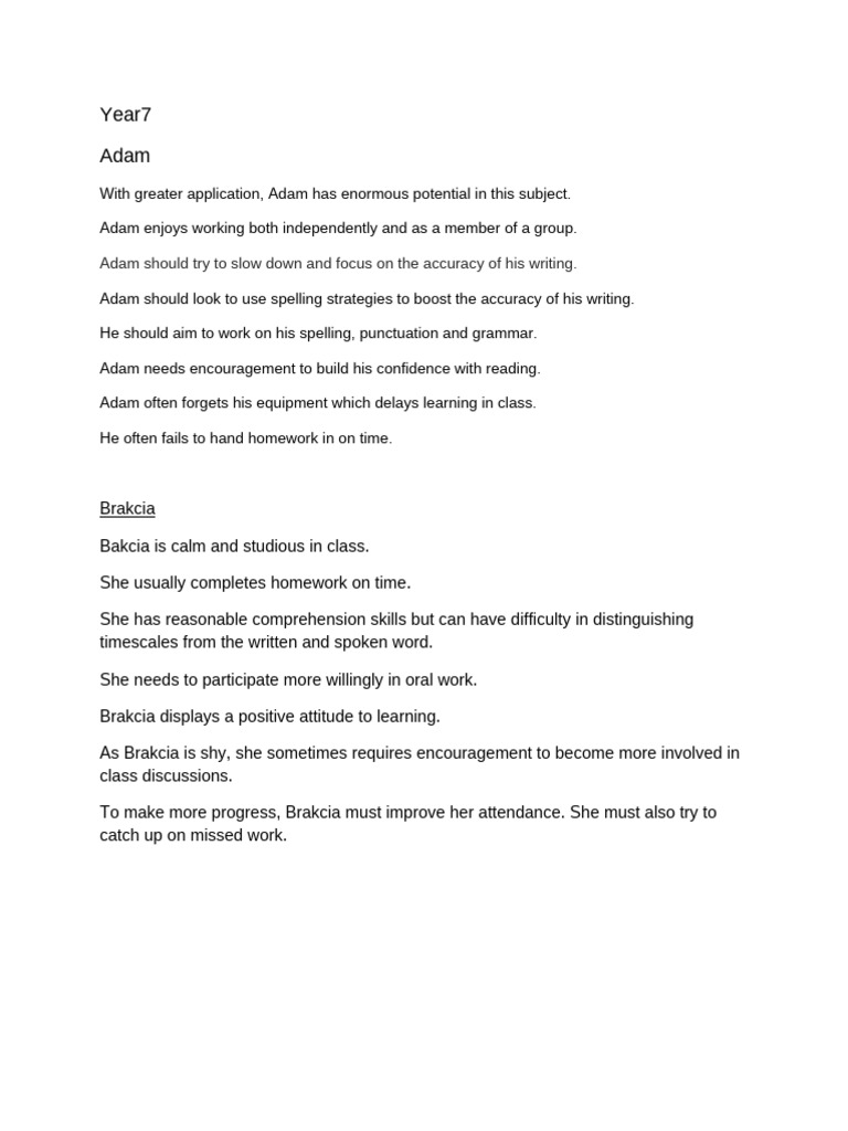 Reports Cards Comments T 2 | PDF | Homework | Vocabulary