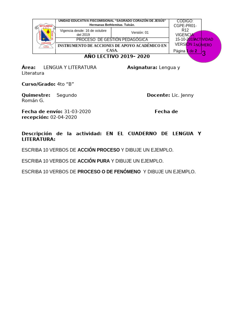Actividades de Verbos para 4to Grado | PDF