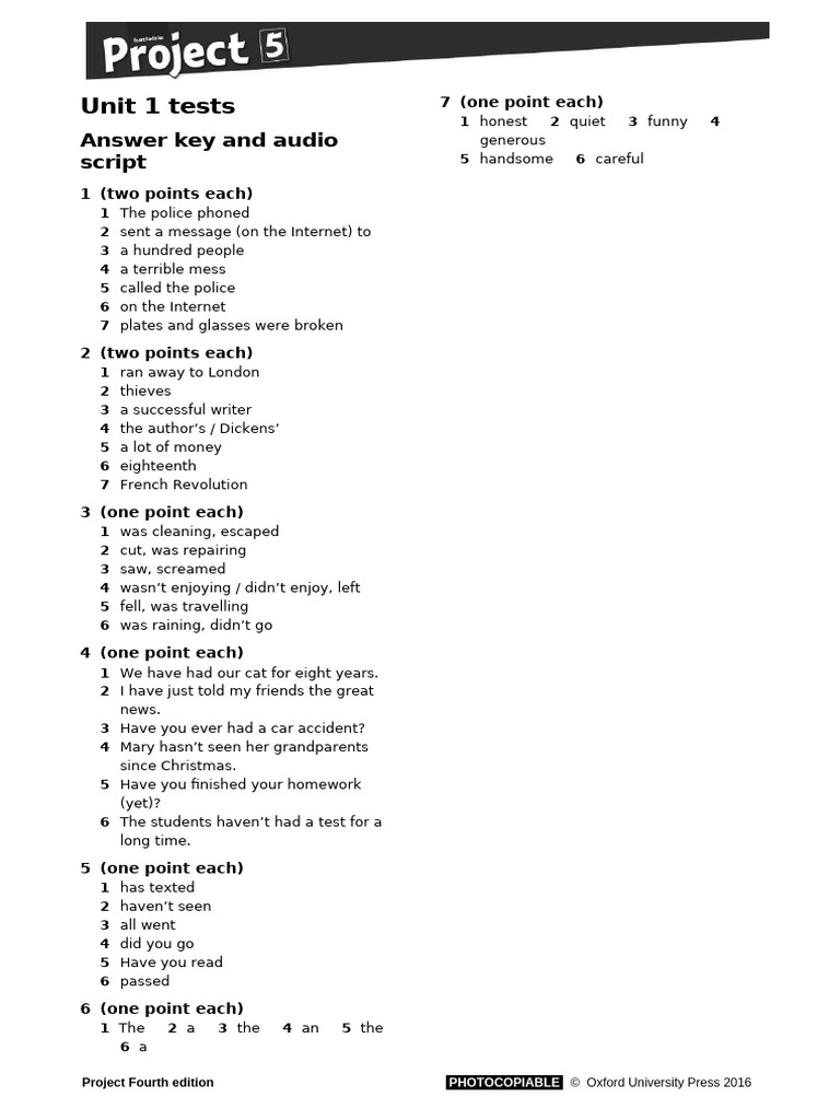 Unit 1 Test Answer Key & Audio Script | PDF