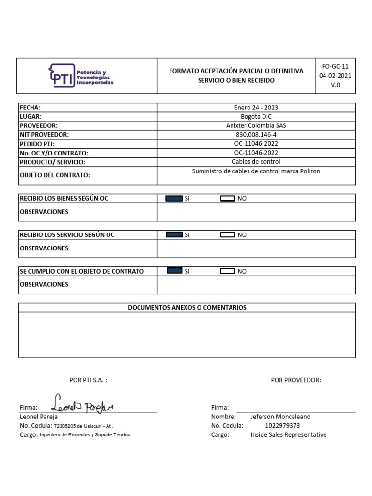 Formato Aceptacion Oc-11046-2022-2022 | PDF