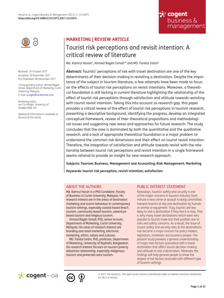 Tourist Risk Perceptions and Revisit Intentions | PDF | Risk | Tourism
