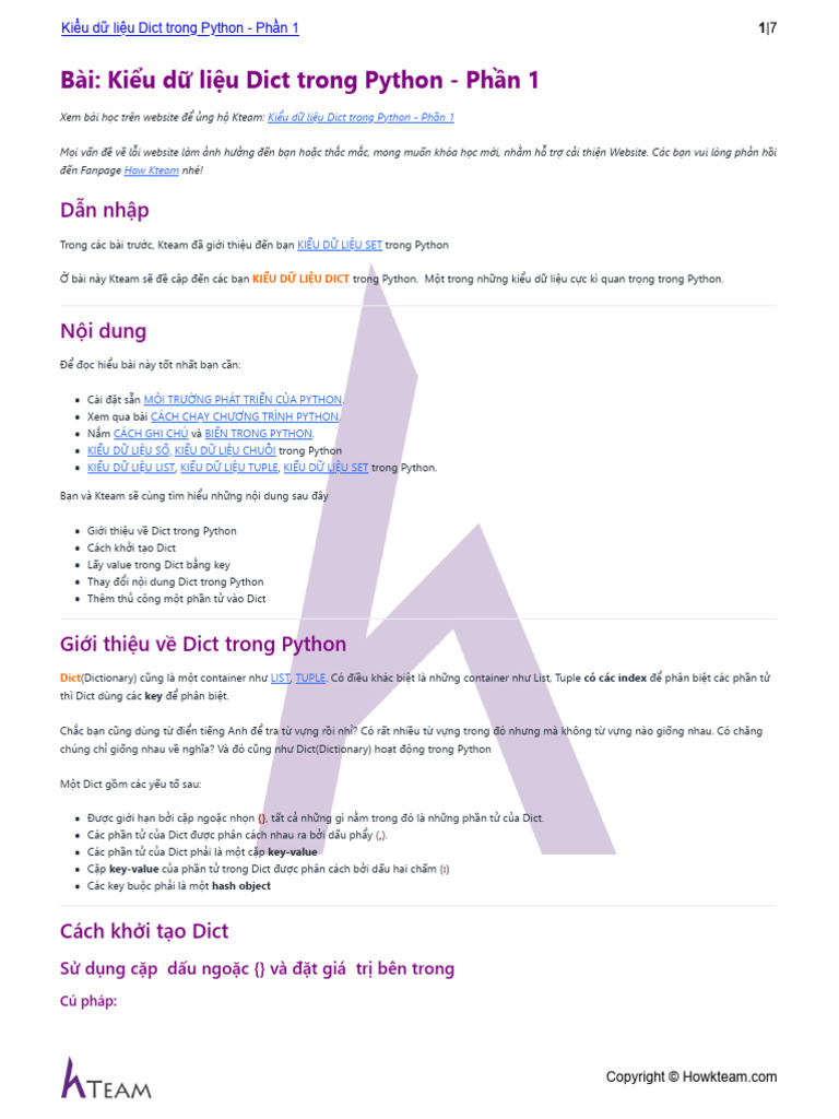 HOWKTEAM.VN - Kiểu dữ liệu Dict trong Python - Phần 1 | PDF