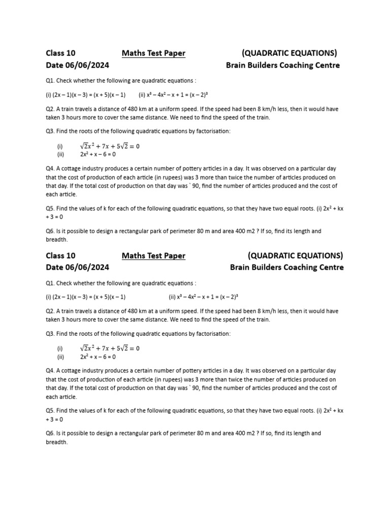 Class 10 Maths Test Paper | PDF | Speed | Mathematics