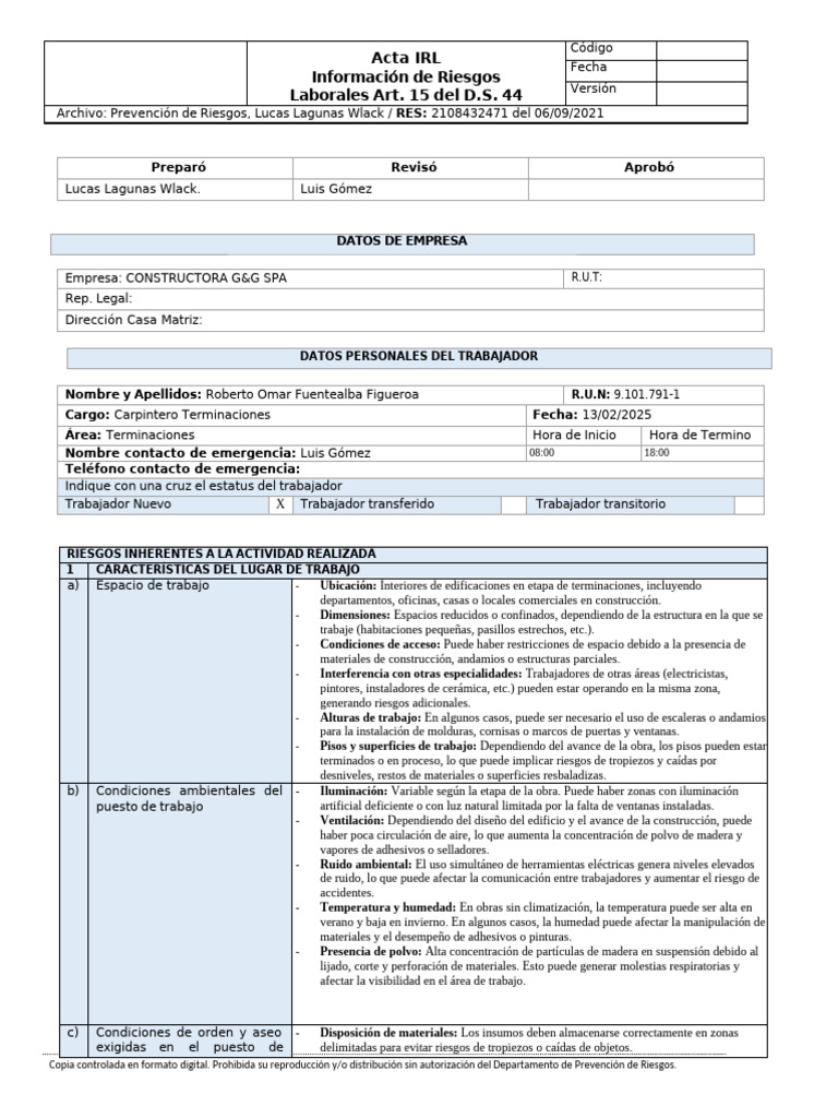 Formato Odi Irl Informacion de Los Riesgos Laborales Ds 44 v2 | PDF | Herramientas | Primeros ...