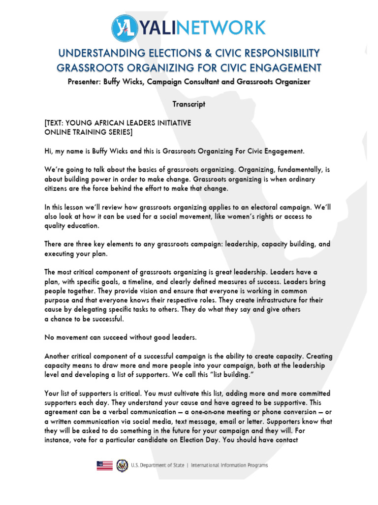 YALI - Grassroots Organizing For Civic Engagement Transcript | PDF ...