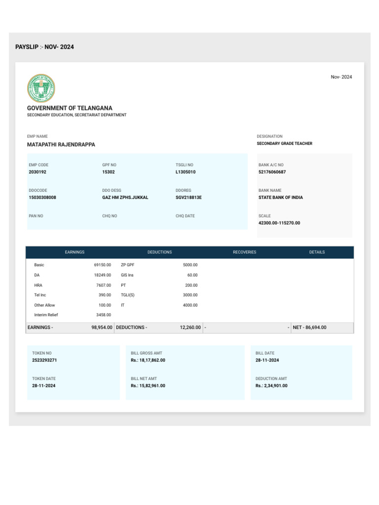 Telangana Teacher Payslip November 2024 | PDF