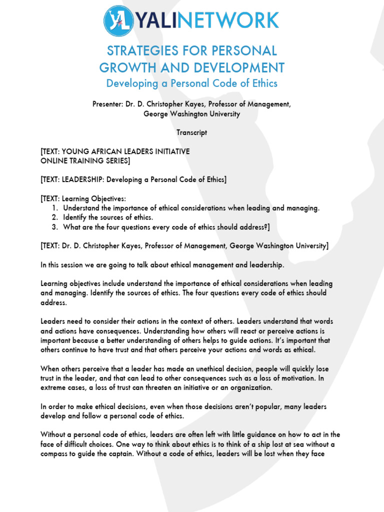 YALI Developing A Personal Code of Ethics Transcript Merged | PDF | Public Speaking