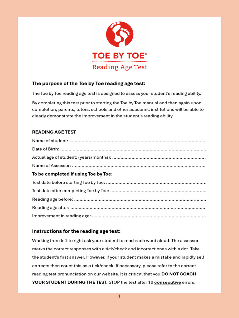 Toe by Toe Reading Age Assessment | PDF | Cognition | Learning