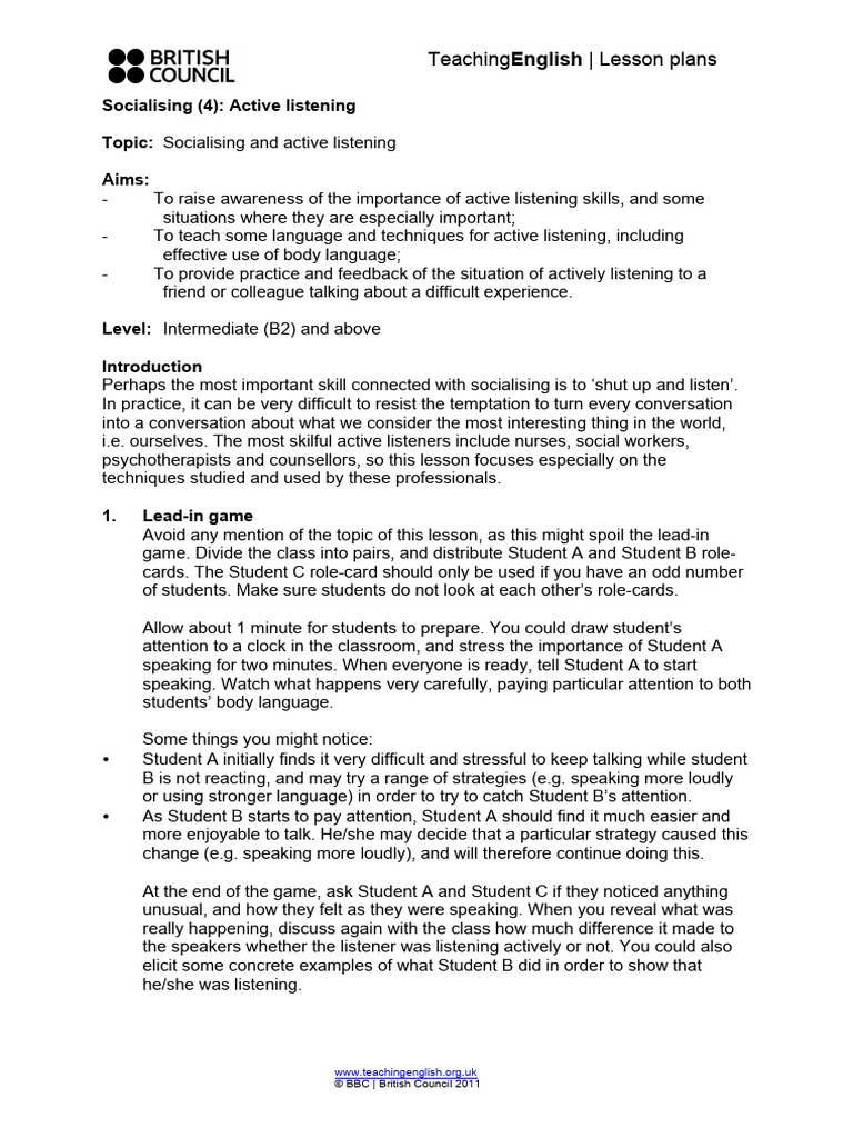 Active Listening Skills Lesson Plan | PDF | Psychotherapy | Attention