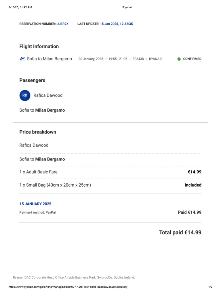 Ryanair Flight Confirmation Receipt | PDF