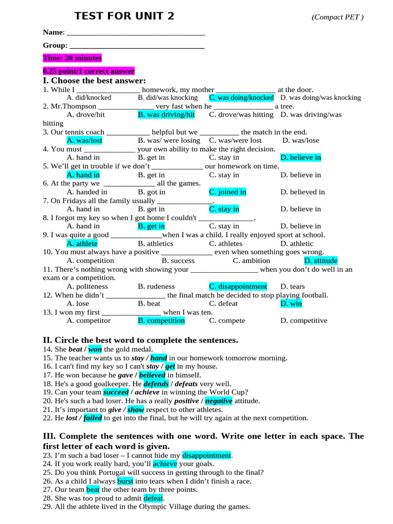 Compact PET Unit 2 Test | PDF