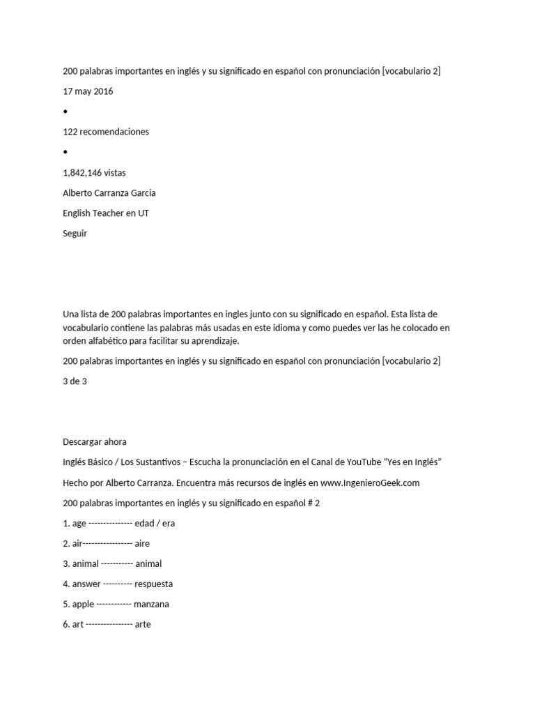 200 Palabras Clave en Inglés y Español | PDF