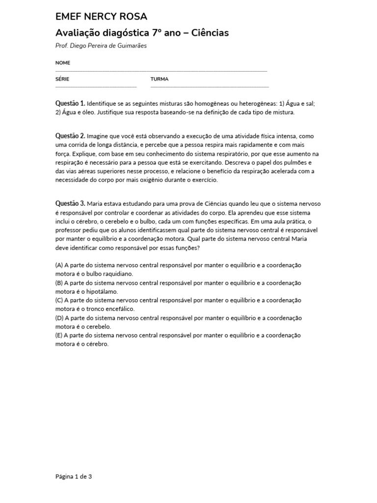 Avaliação de Ciências 7º Ano EMEF Nercy Rosa | PDF | Célula (Biologia ...