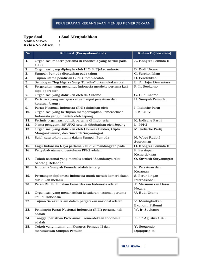 SOAL MENJODOHKAN KELAS 8 TEMA PERGERAKAN KEBANGSAAN MENUJU KEMERDEKAAN ...