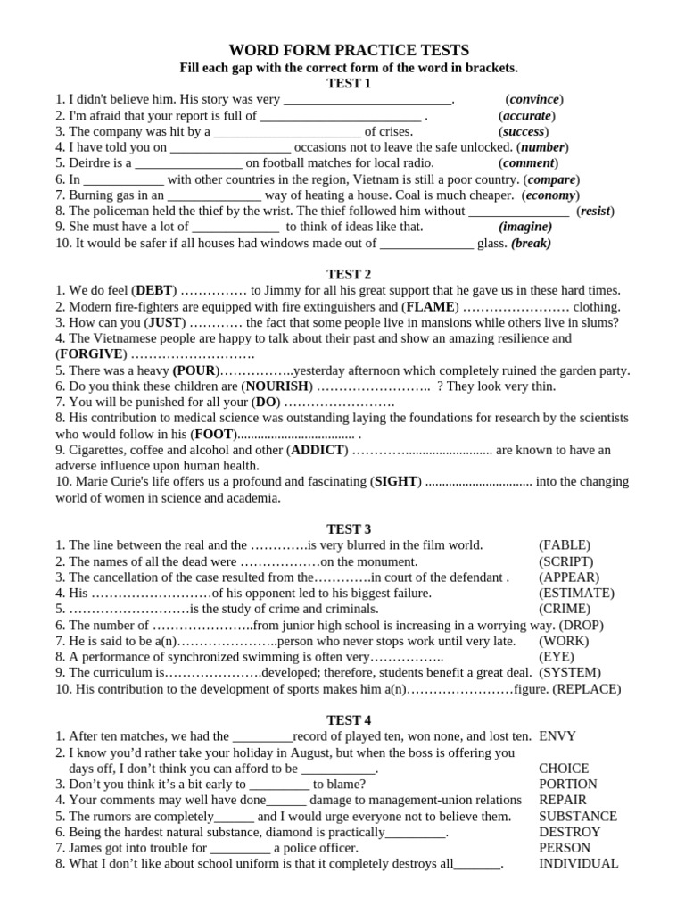 Word Form Practice Tests | PDF