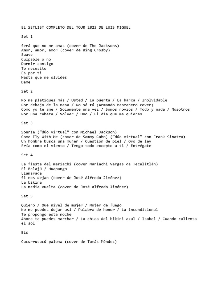 El Setlist Completo Del Tour 2023 D - Bloc de Notas | PDF