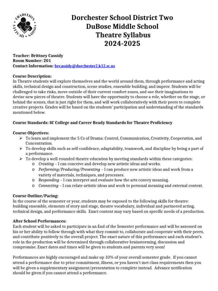DuBose Middle School Theatre Syllabus 2024-25 | PDF | Teachers ...