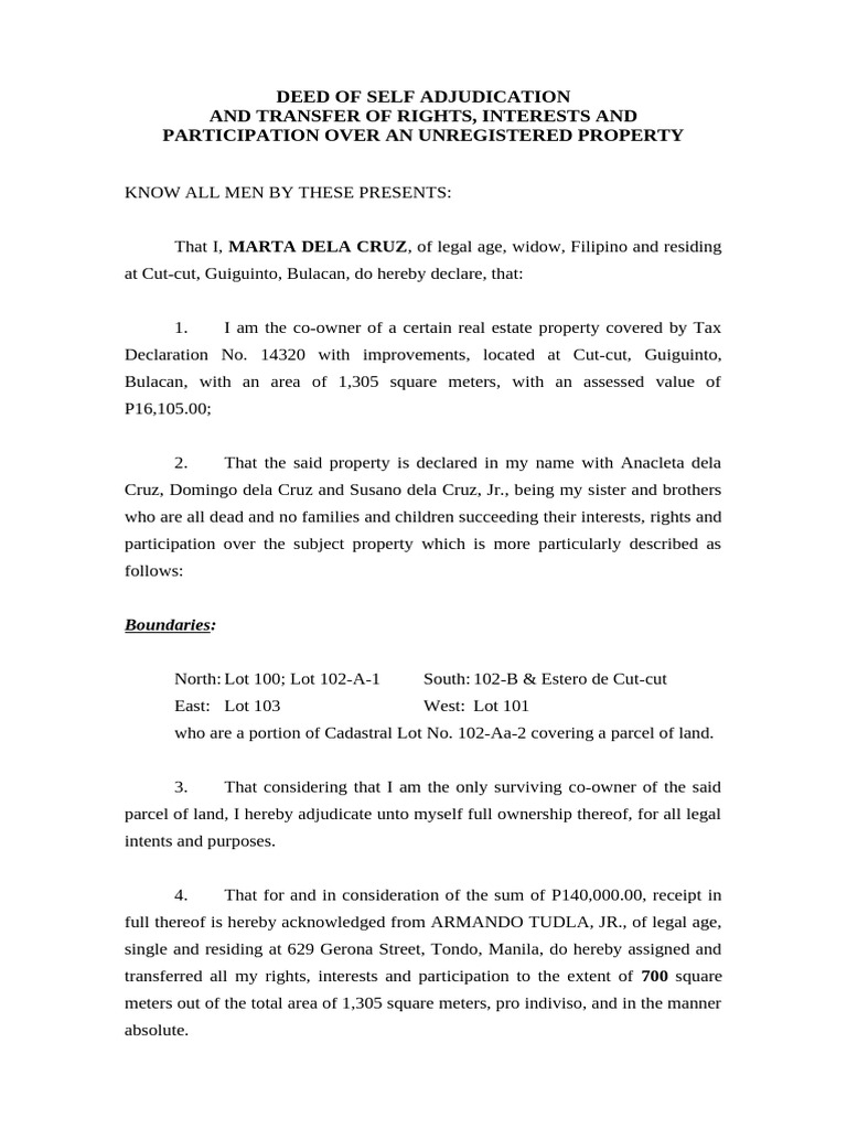 Deed of Self-Adjudication and Transfer of Rights - Armando Tudla | PDF ...